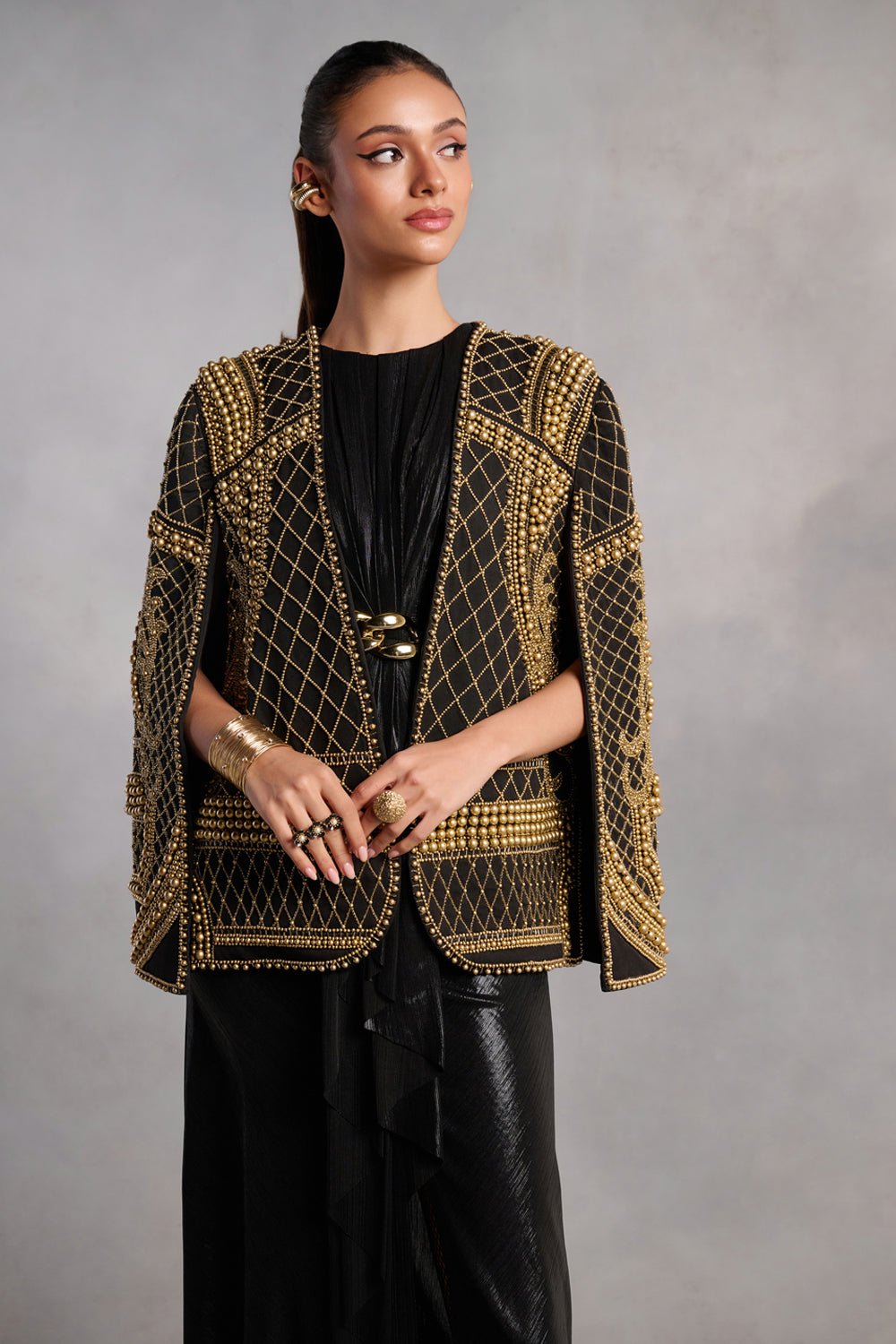 Natalie Black and Gold Pearl Cape Jacket – Zabella International